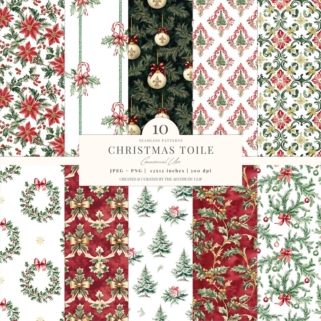 Christmas Toile Pattern | Vintage Christmas Digital Paper | Xmas ...