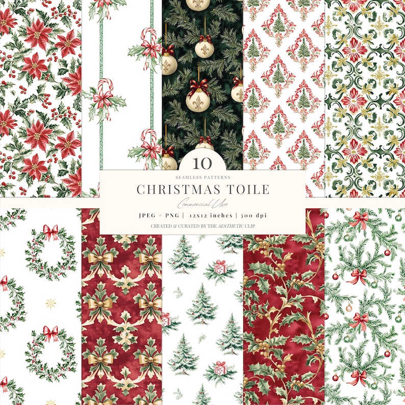 Christmas Toile Pattern | Vintage Christmas Digital Paper | Xmas ...