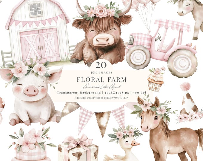 Pink Farm Clipart | Cute Farm Animals PNG | Barnyard Baby Shower ...