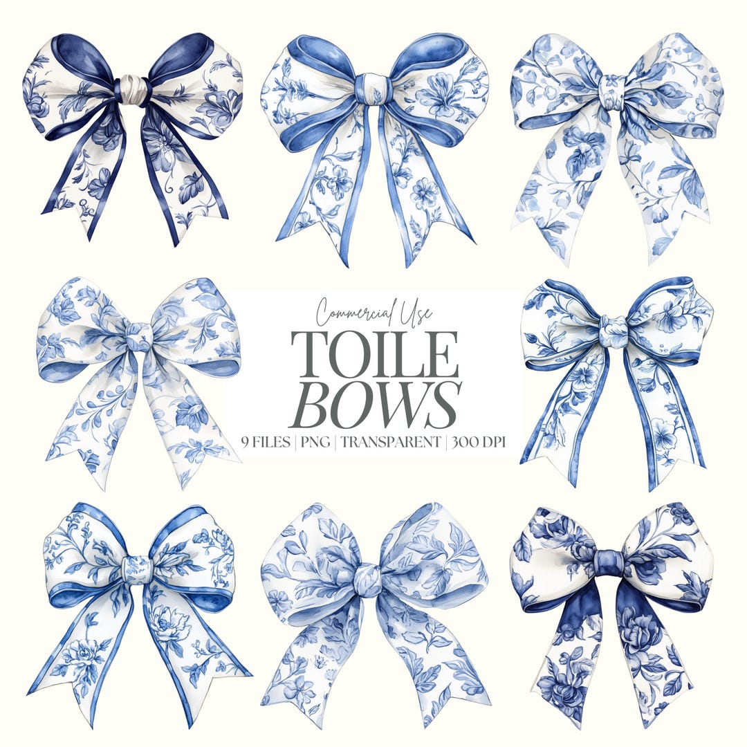 Blue Toile Bows Clipart | Watercolor Bows | Blue Bows Clipart ...