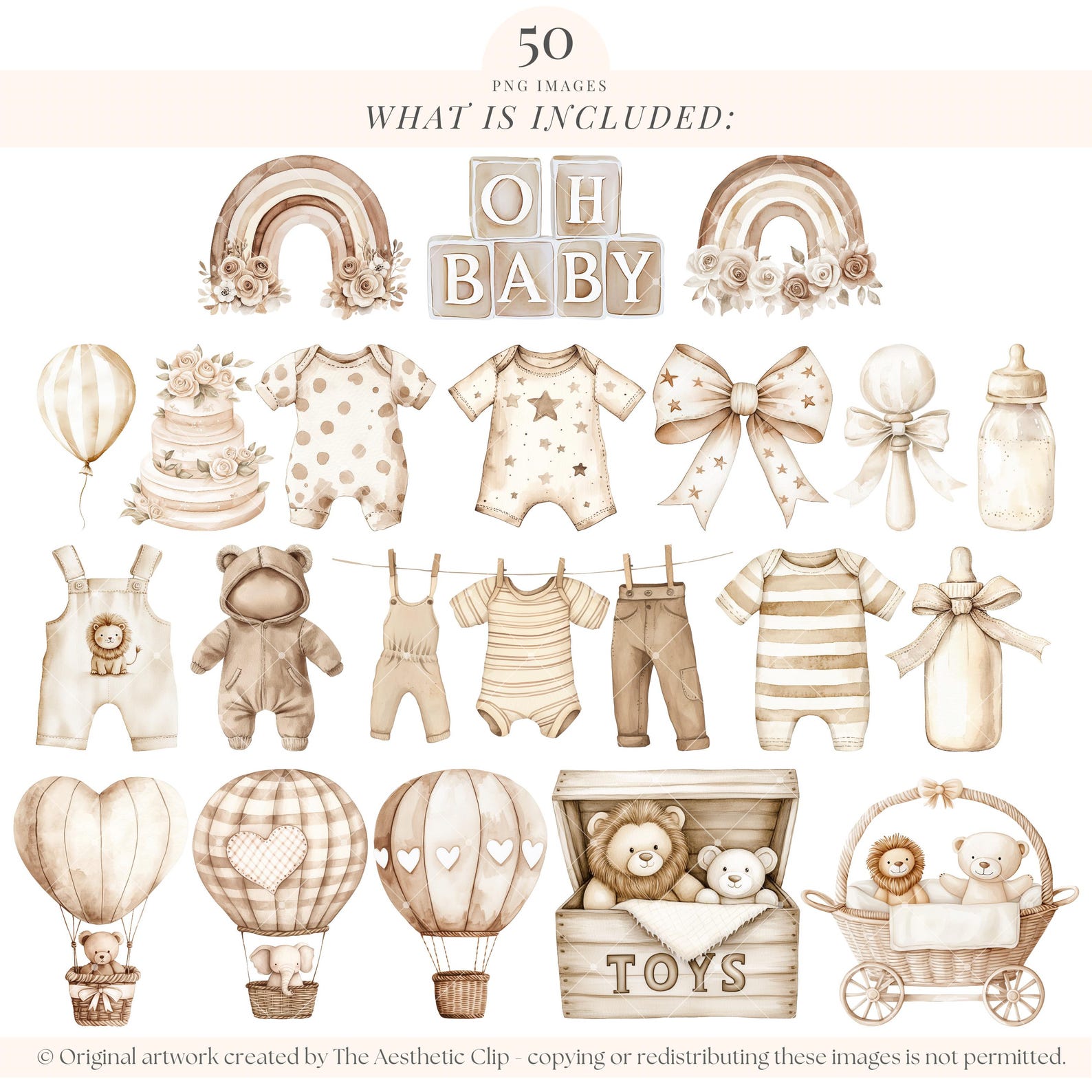 Watercolor Neutral Baby Clipart | Boho Baby Shower Clipart | Beige ...