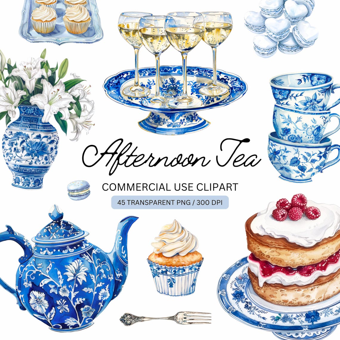 Blue Afternoon Tea Clipart Teapot PNG Chinoiserie High Tea Bridal ...