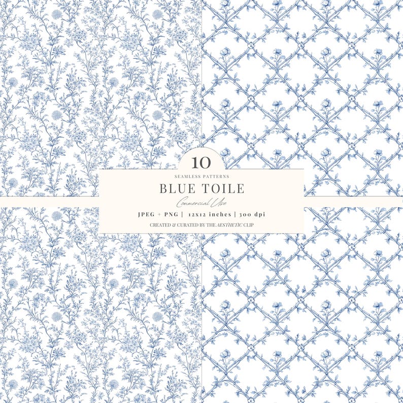 Blue Toile Digital Paper | Blue Floral Pattern | French Toile Seamless ...