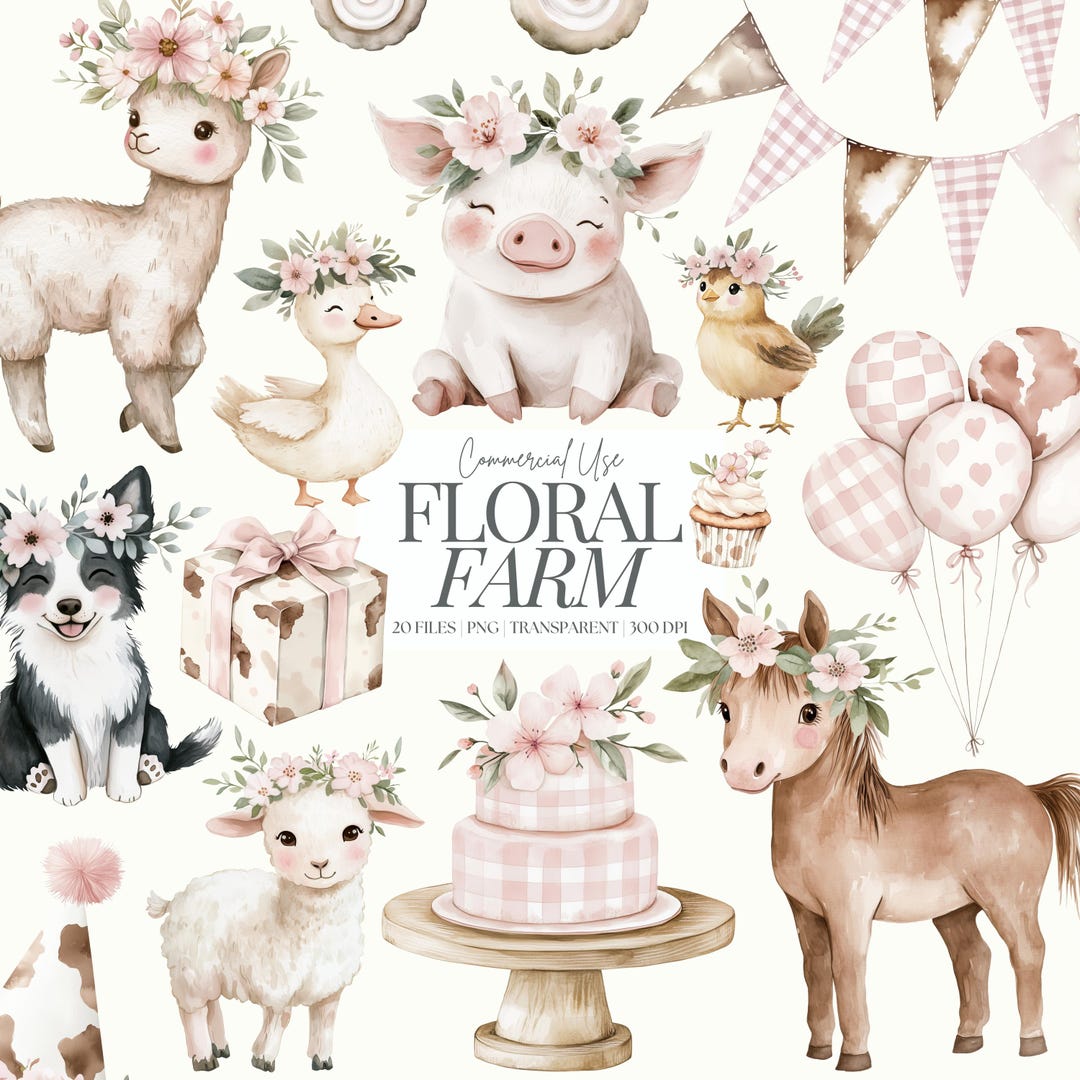 Pink Farm Clipart | Cute Farm Animals PNG | Barnyard Baby Shower ...