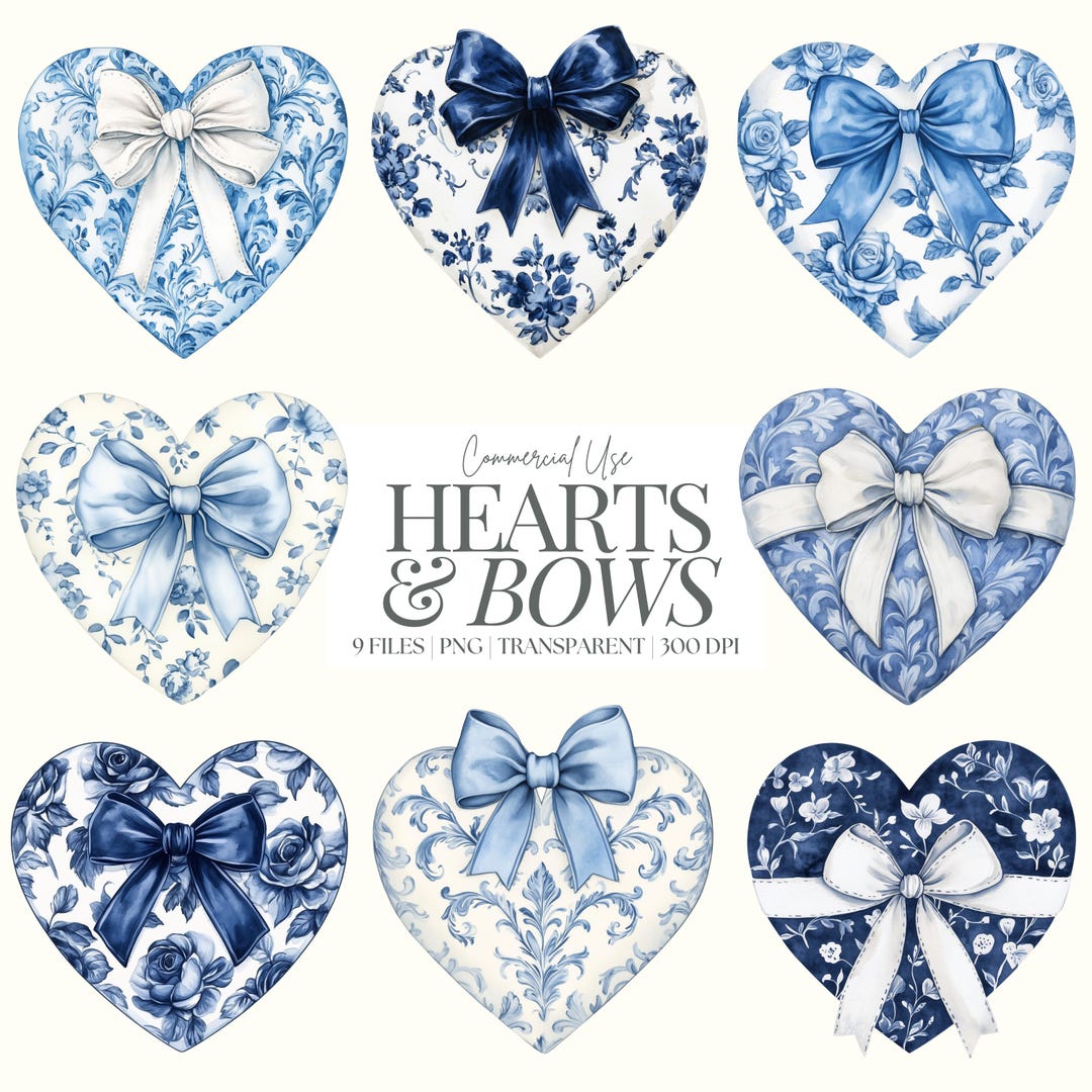 Blue Toile Hearts Clipart | Valentines Hearts | Hearts and Bows Clipart ...
