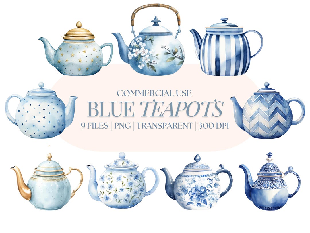 Blue Teapots Clipart Blue Tea Party PNG Bundle Picnic Flowers ...