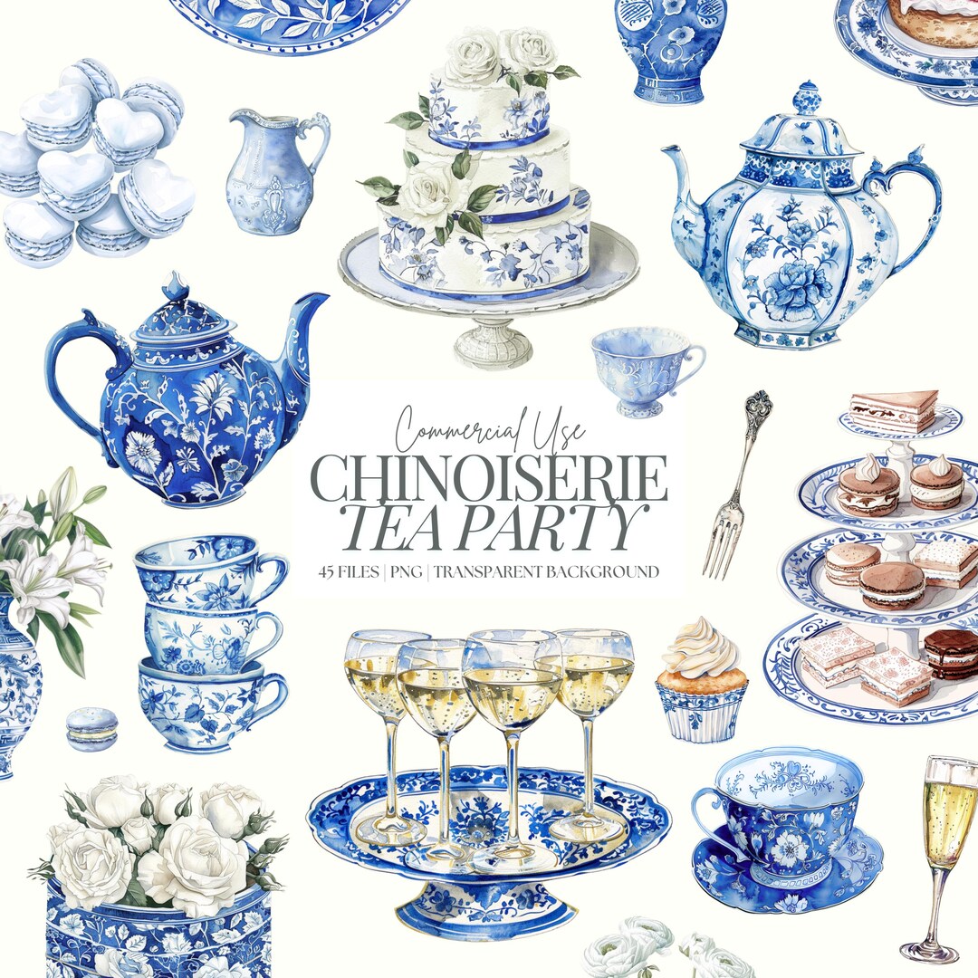 Blue Afternoon Tea Clipart | Teapot PNG | Chinoiserie High Tea | Bridal ...
