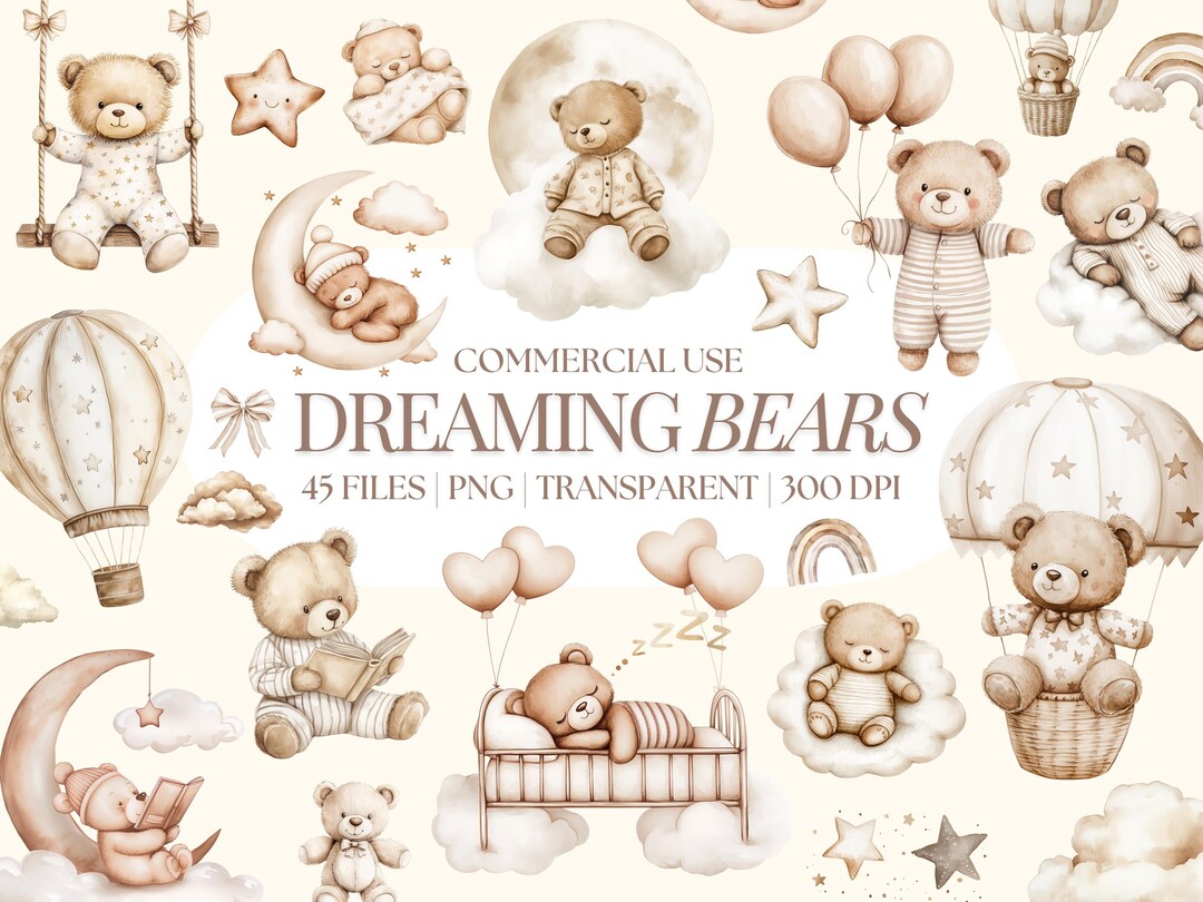 Watercolor Teddy Bear Clipart Neutral Baby Shower Clipart Beige Nursery ...