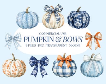 Watercolor Pumpkins and Bows Clipart Bundle Blue Coquette Pumpkins Fall ...