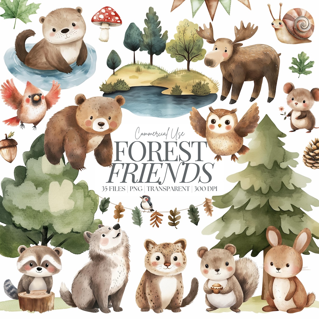 Boho Woodland Clipart Watercolor Forest Animals Clipart North American ...