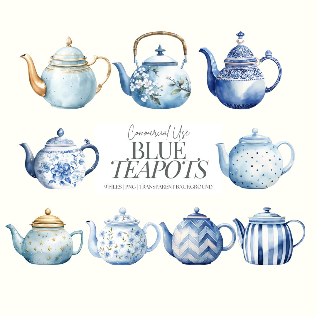 Blue Teapots Clipart | Blue Tea Party PNG Bundle | Picnic | Chinoiserie ...
