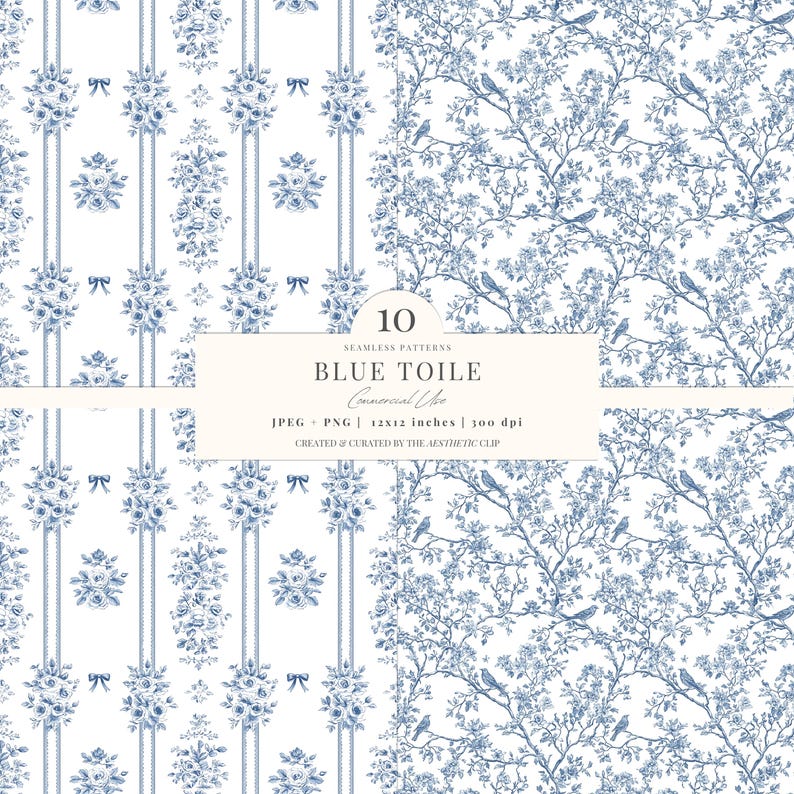 Blue Toile Digital Paper | Blue Floral Pattern | French Toile Seamless ...