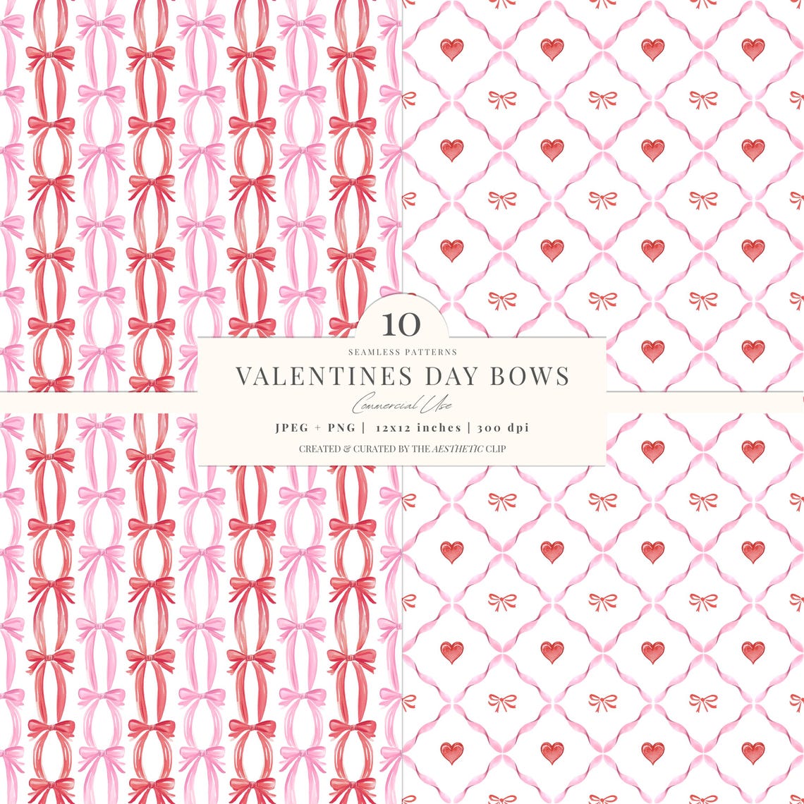 Valentines Day Digital Paper | Romantic Bows Pattern | Hearts ...