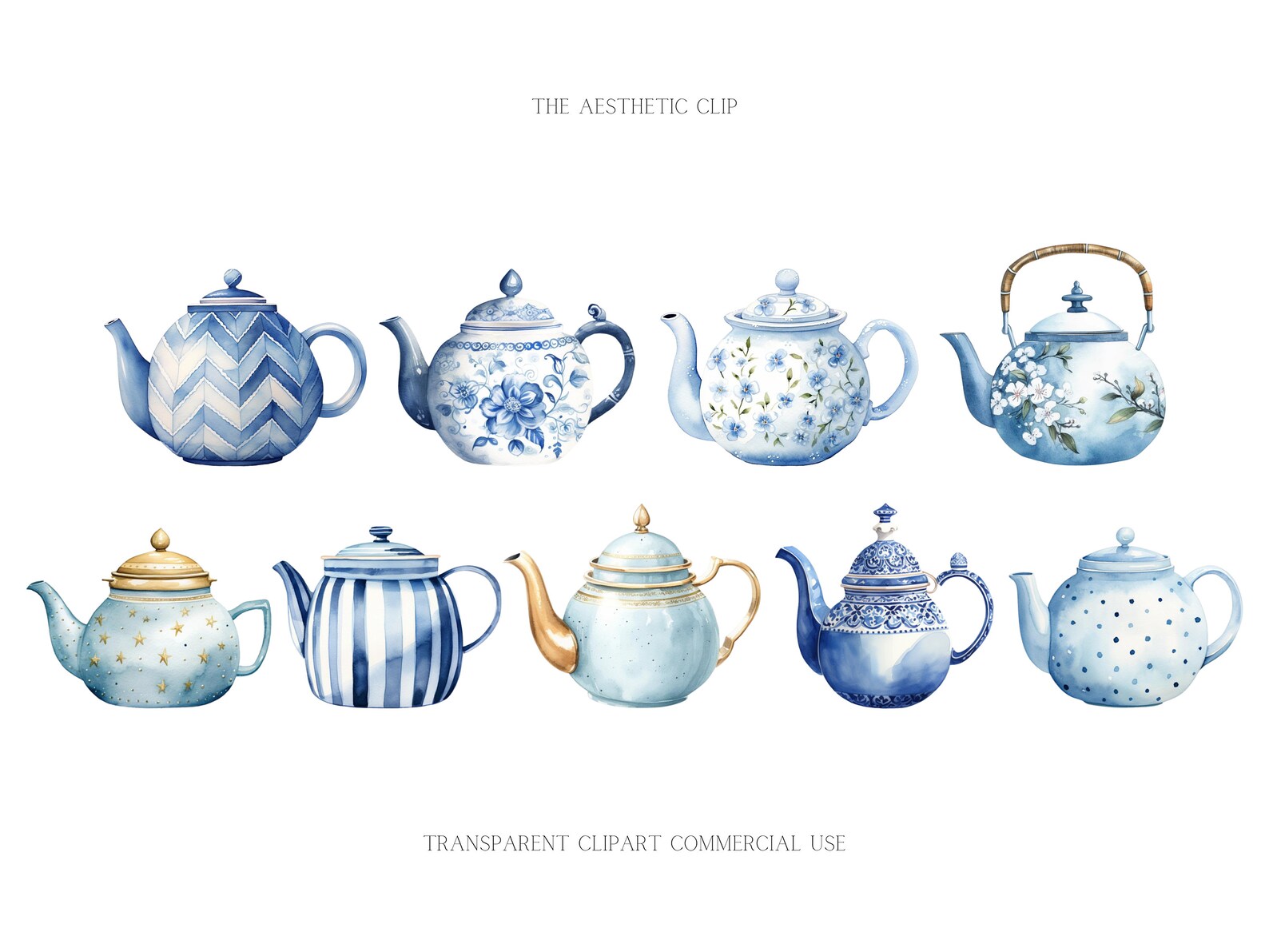 Blue Teapots Clipart Blue Tea Party PNG Bundle Picnic Flowers ...