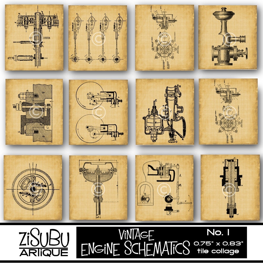 Printable Vintage Engine Schematics Scrabble Tile Collage - Steampunk ...