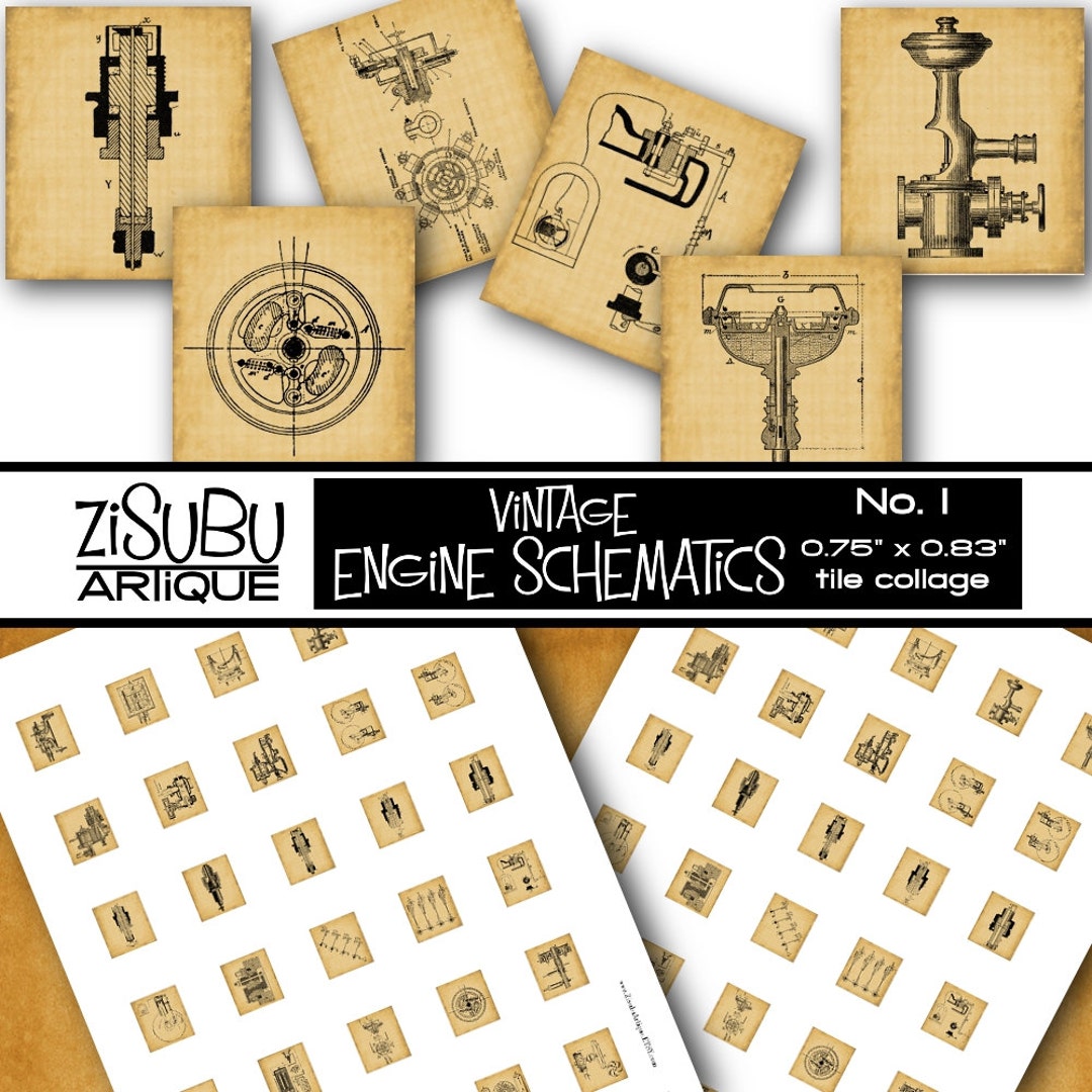 Printable Vintage Engine Schematics Scrabble Tile Collage - Steampunk ...
