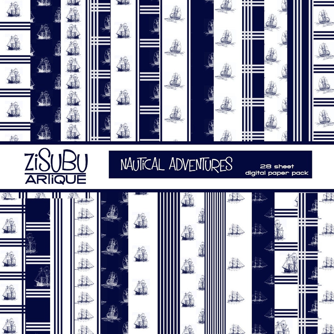 Printable Vintage Nautical Adventures Digital Paper - Navy Blue ...