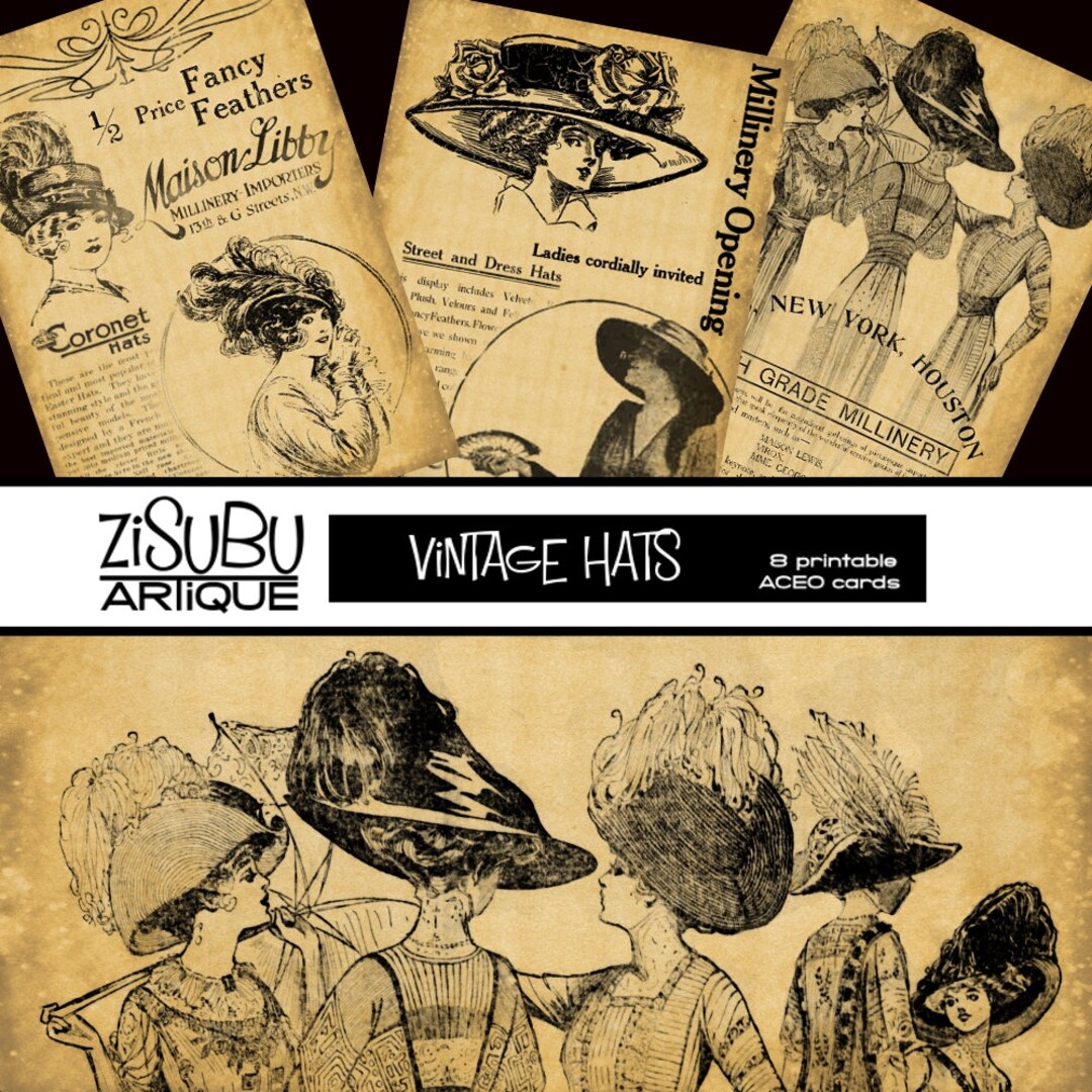 Printable Vintage Fashion Hats Millinery Aceos - Antique Bonnet - Retro ...