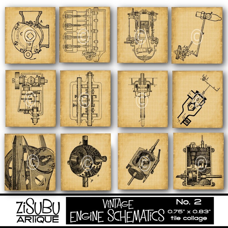 Vintage Engine Schematics - Printable Scrabble Tile Collage ...