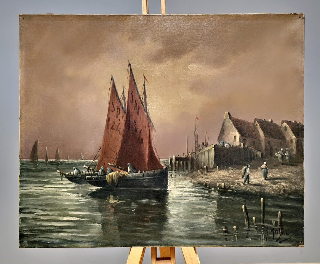 Antique Flemish Oil Painting, Harbor Scene With Fishing Boats, Signed ...