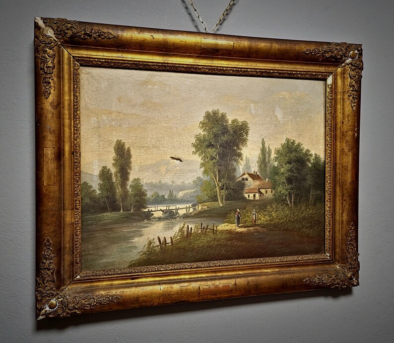 Antique French Oil Painting Landscape With Figures, 19th Century River ...