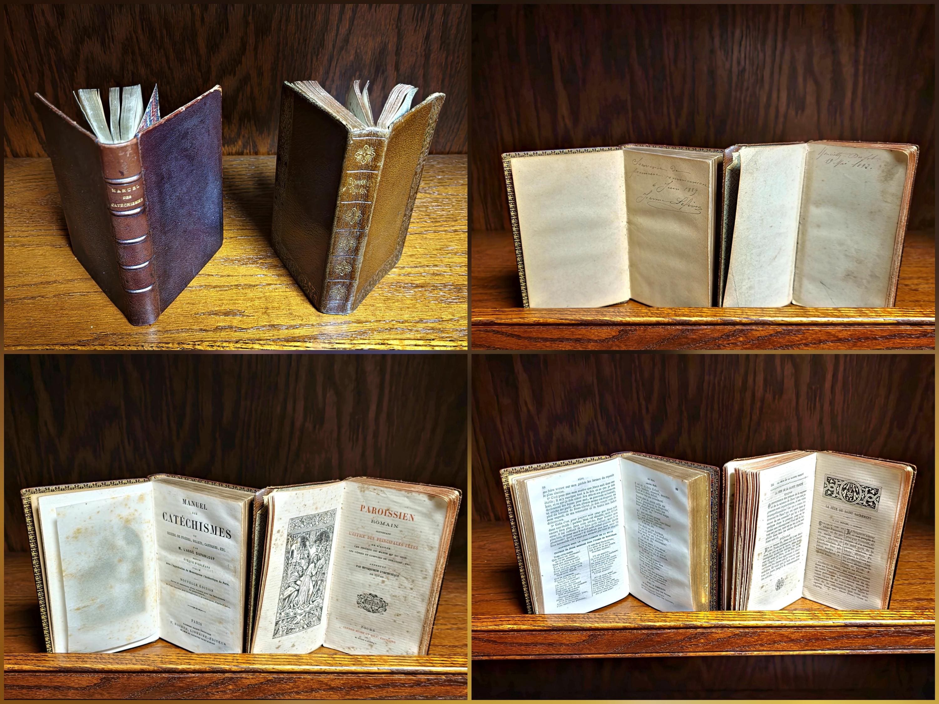 Rare Antique Religious French Book Set, Morocco Leather Bound, Dark ...