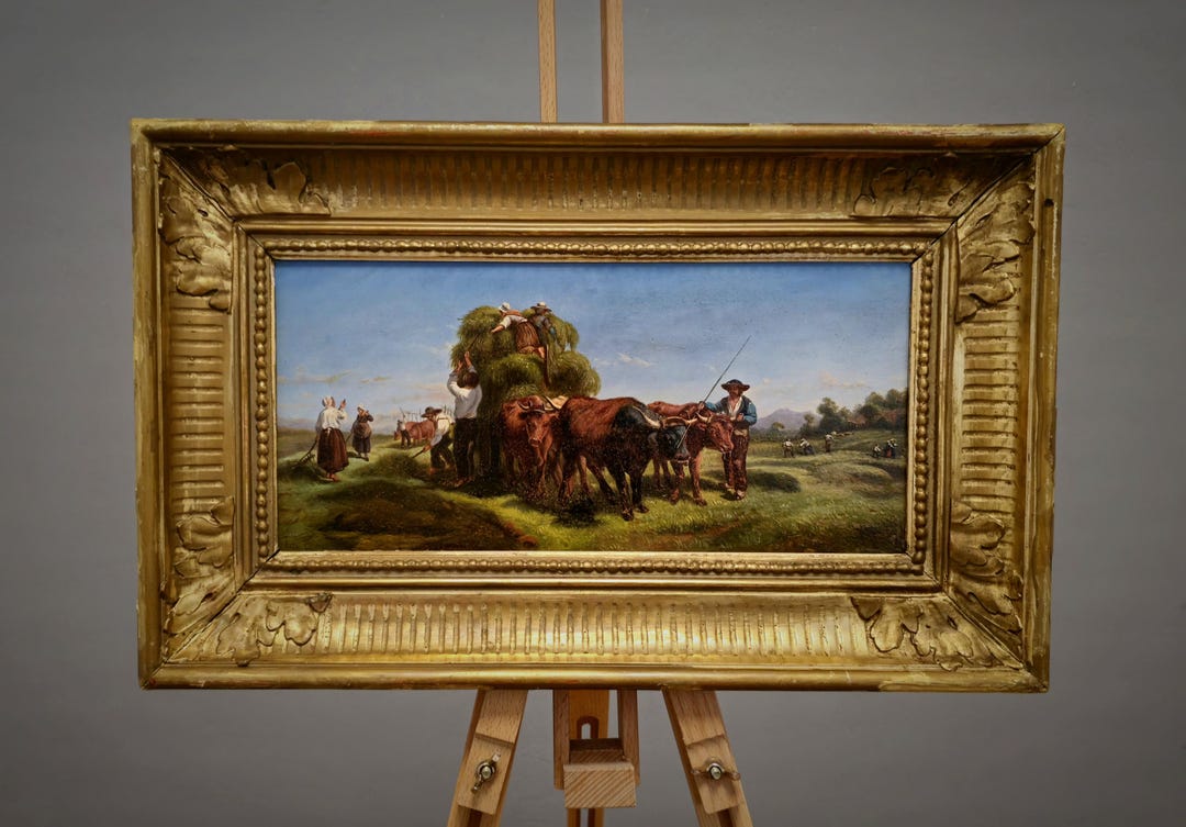 Antique Italian Oil Painting on Wood Panel, 19th Century Haymaking ...