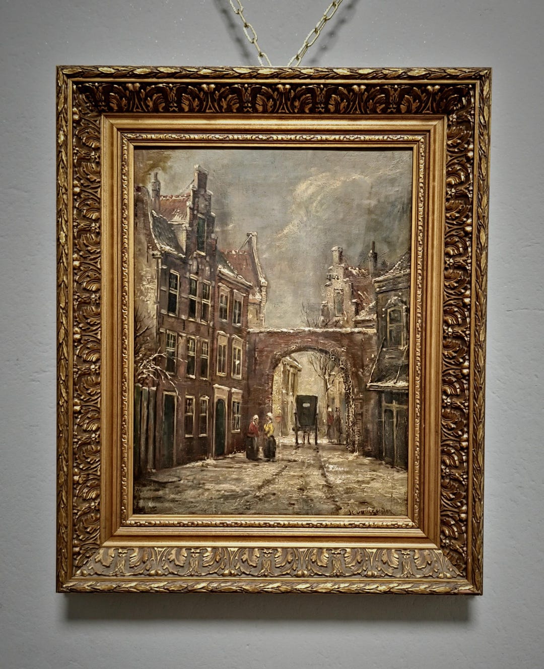 Vintage Dutch Streetscape Oil Painting, Signed Gold Framed Original ...