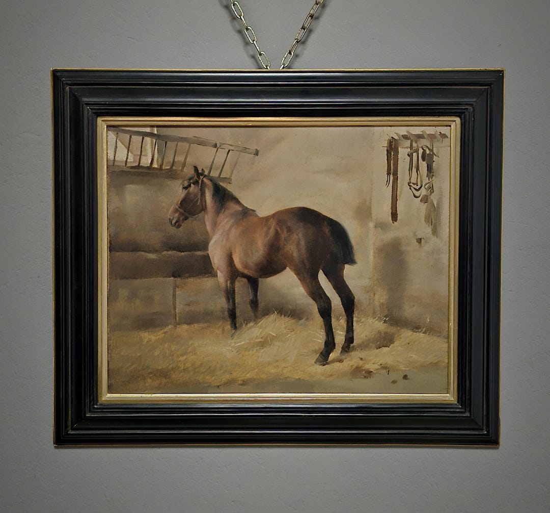 Antique Horse Oil Painting, Rustic Stable Scene, Equine Animal Artwork ...