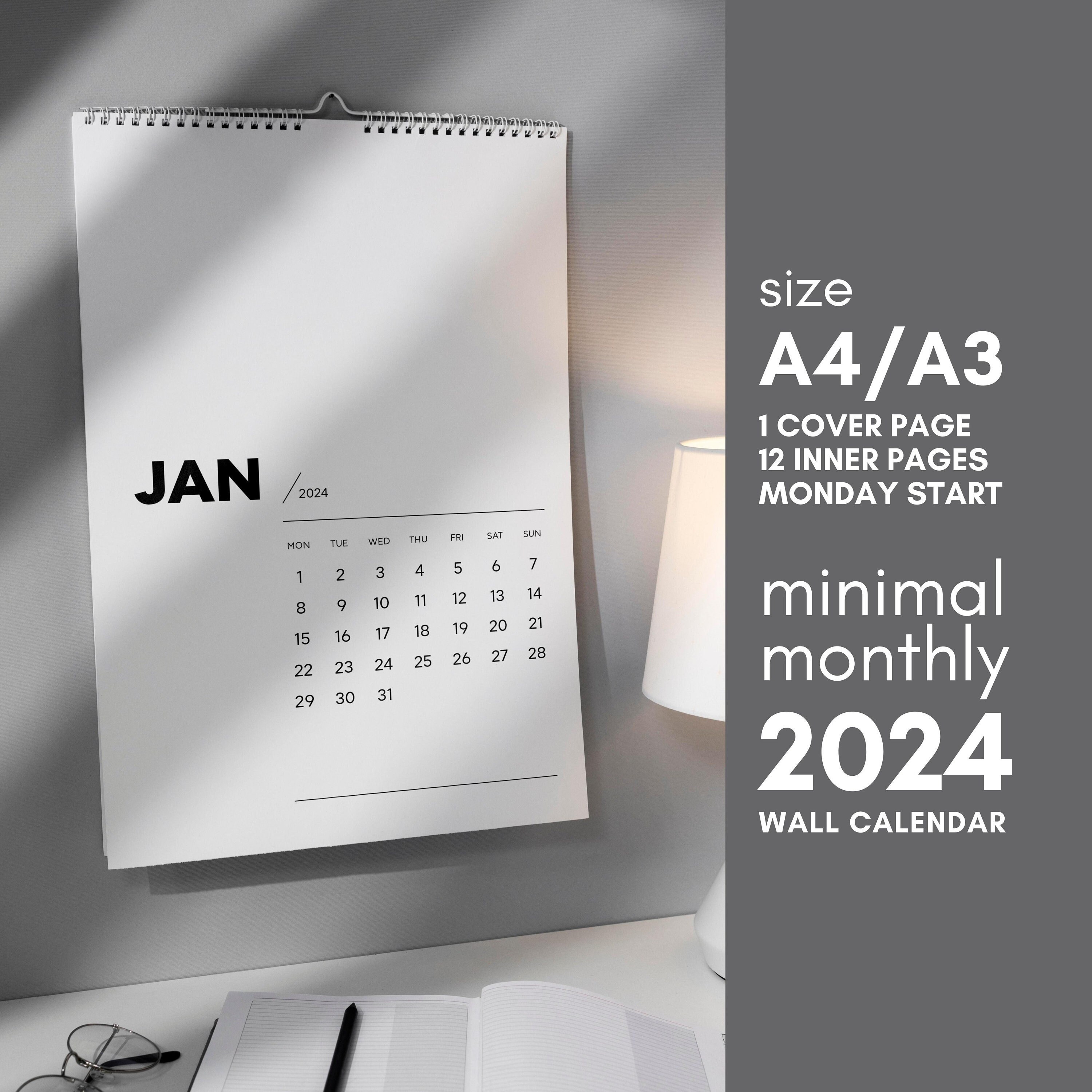Wall Calendar 2024 Minimal Calendar 2024 Black-white Calendar A4 A3 - Etsy