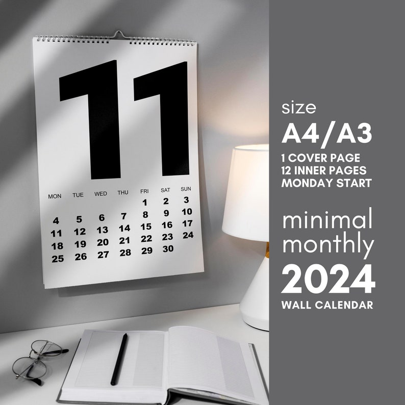 Wall Calendar 2024 Minimal Calendar 2024 Black-white Calendar A4 A3 - Etsy