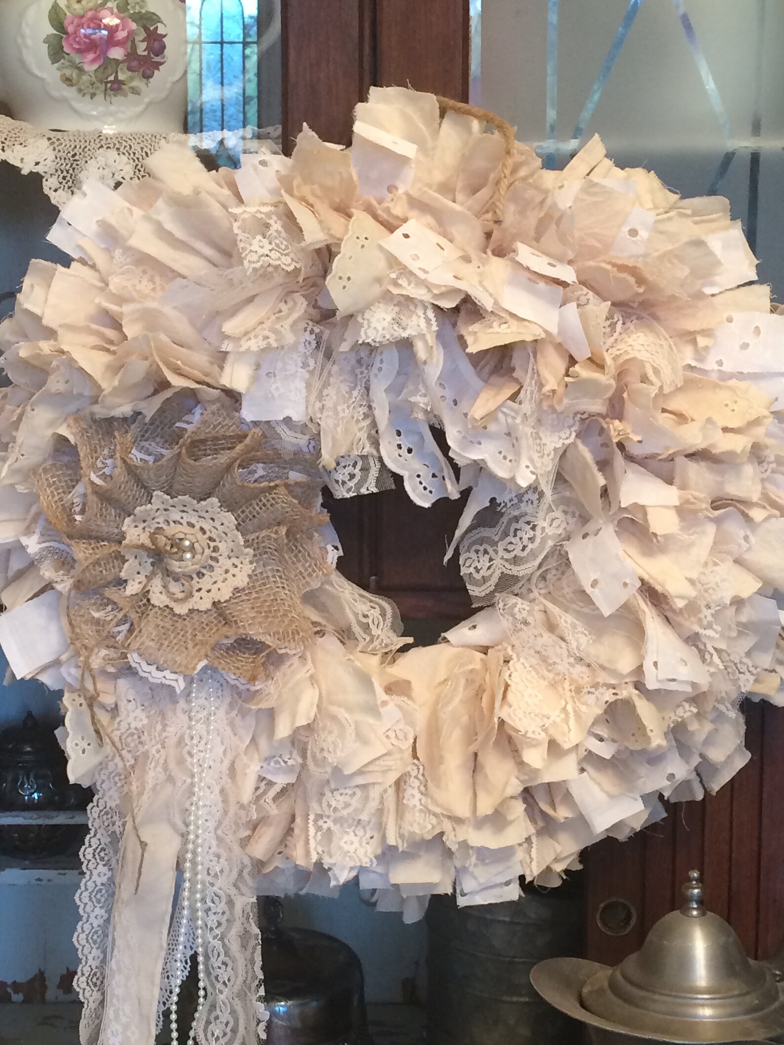 Tea Stained Rag Wreath With Burlap Flower Burlap Rag Wreath | Etsy