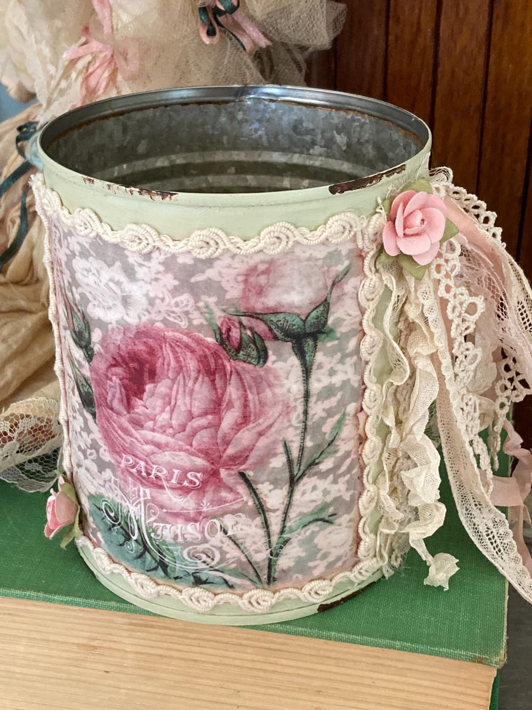 Shabby Romantic Rose Decor, Decoupaged Tin Can, Painted Tin Can, Shabby ...