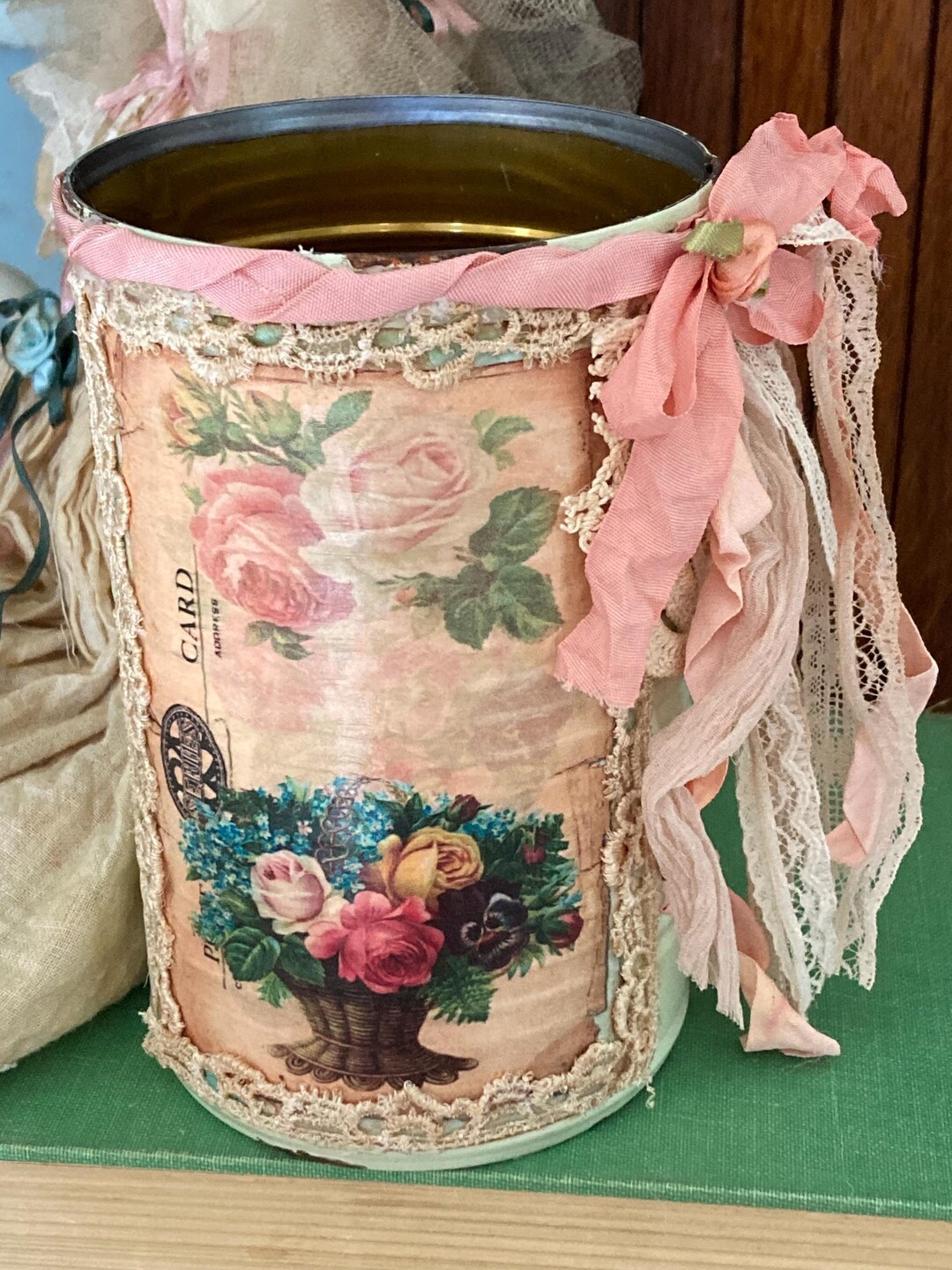 Tin Can With Roses, Shabby Romantic Decor, Decoupaged Tin Can, Painted ...