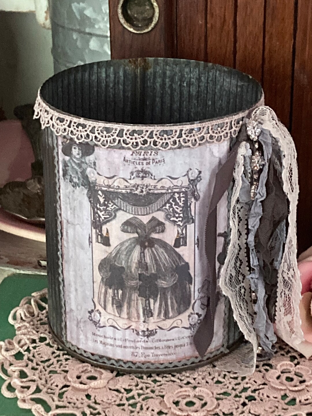Shabby Romantic Galvanized Can, Decoupaged Tin Can, Victorian Decor ...