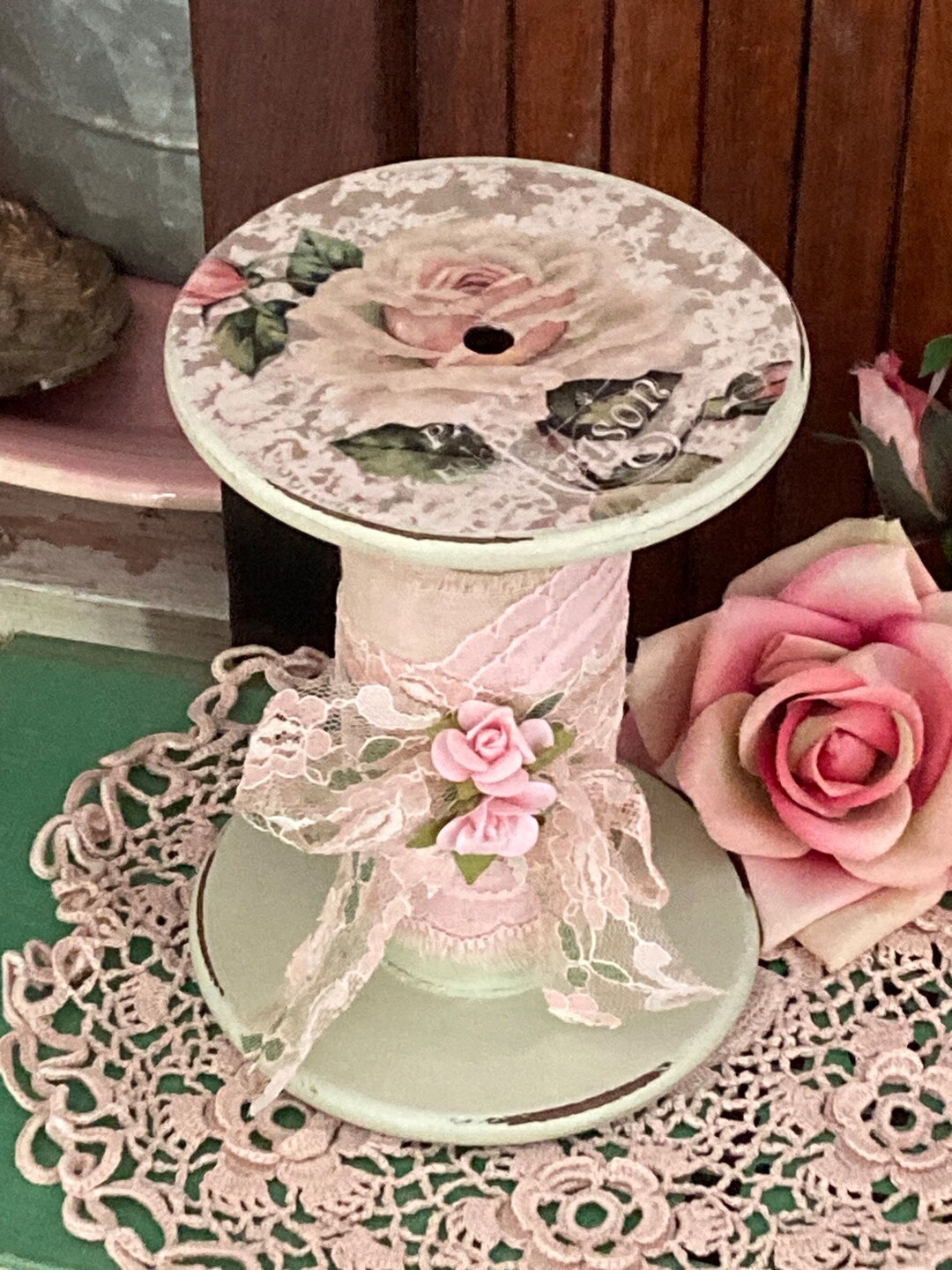 Large Vintage Spool, Sewing Spool, Painted, Decoupaged Spool, Spool ...