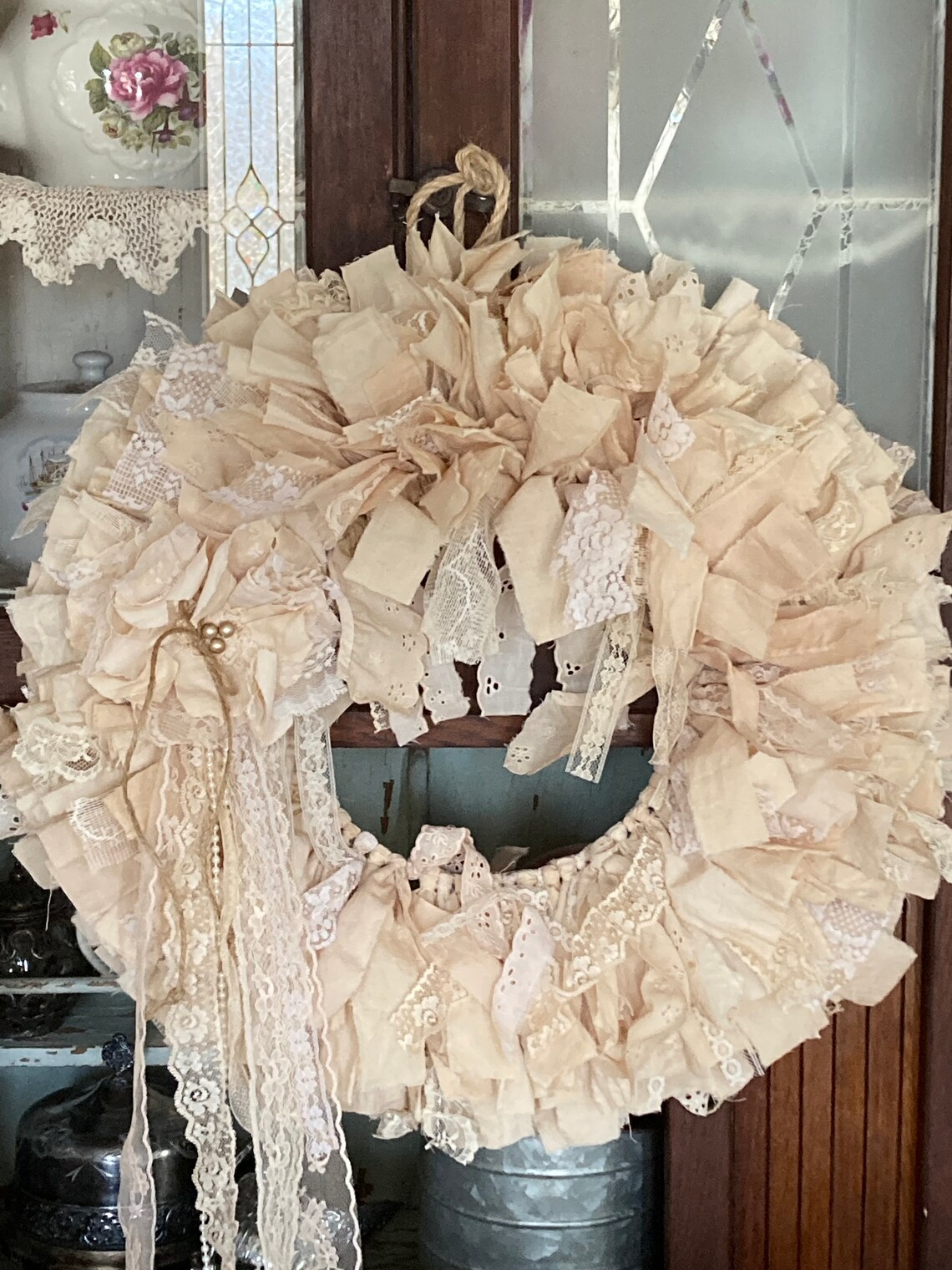 Tea Stained Rag Wreath With Flower Rag Wreath Farmhouse - Etsy