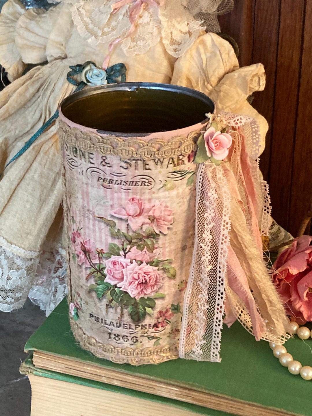 Tin Can With Roses, Shabby Romantic Decor, Decoupaged Tin Can, Painted ...