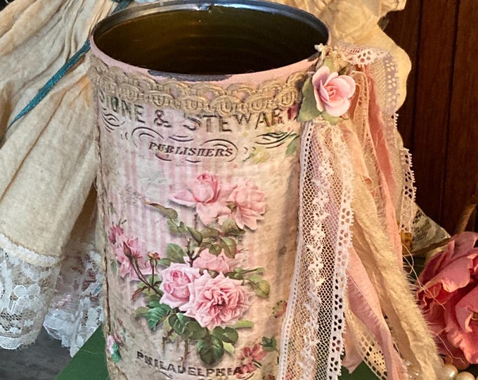Tin Can With Roses, Shabby Romantic Decor, Decoupaged Tin Can, Painted ...