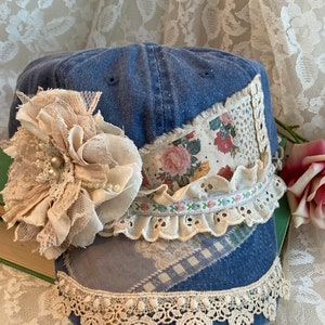 Shabby Chic Hat, Vintage Style Hat, Fabric Flower Hat, Embellished Ball ...