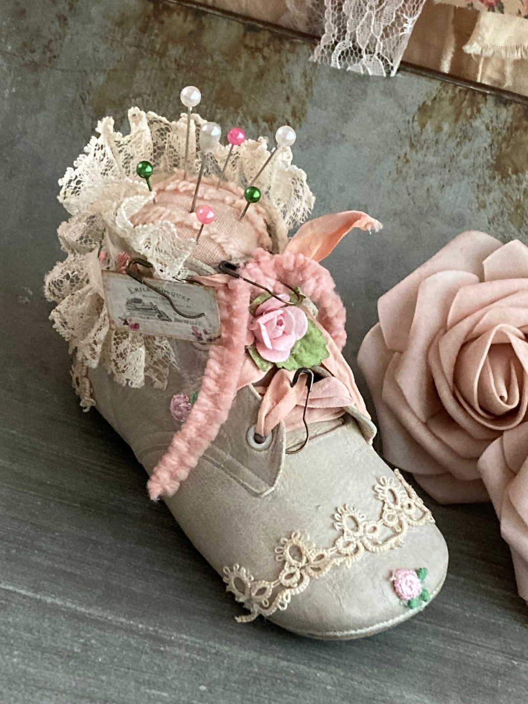 Shabby Chic Baby Shoe Pincushion, Sewing Pincushion, Upcycled Baby Shoe ...