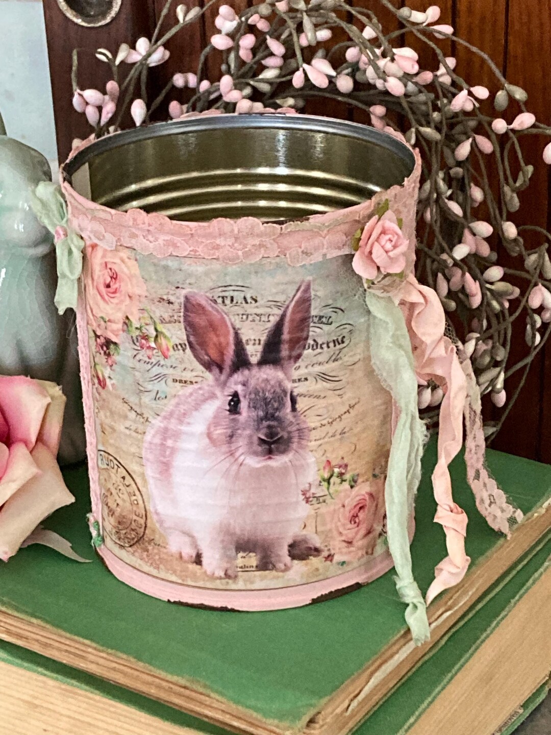 Tin Can With Bunny, Decoupaged Tin Can, Painted Tin Can, Shabby Bunny ...
