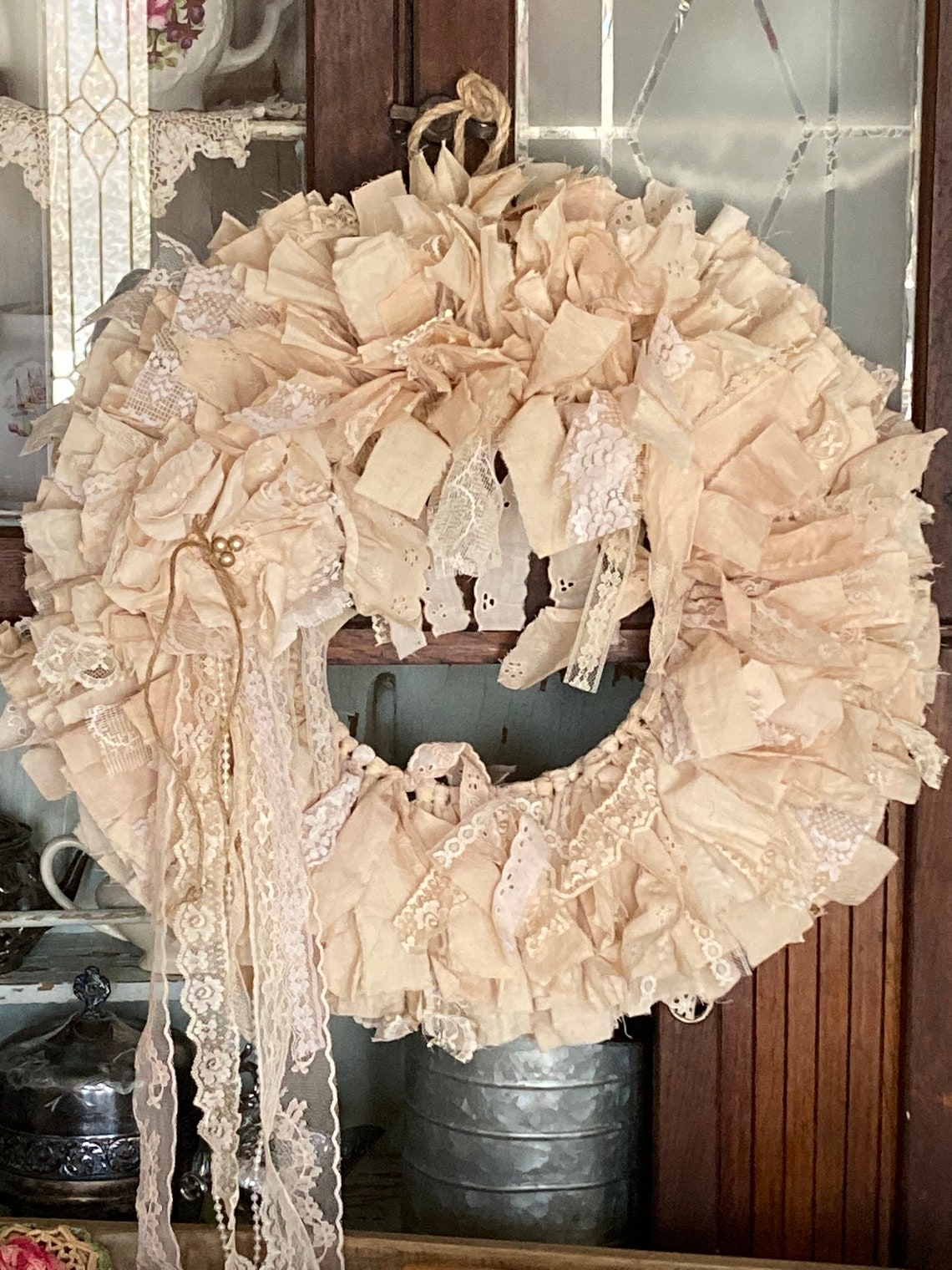 Tea Stained Rag Wreath With Flower Rag Wreath Farmhouse - Etsy