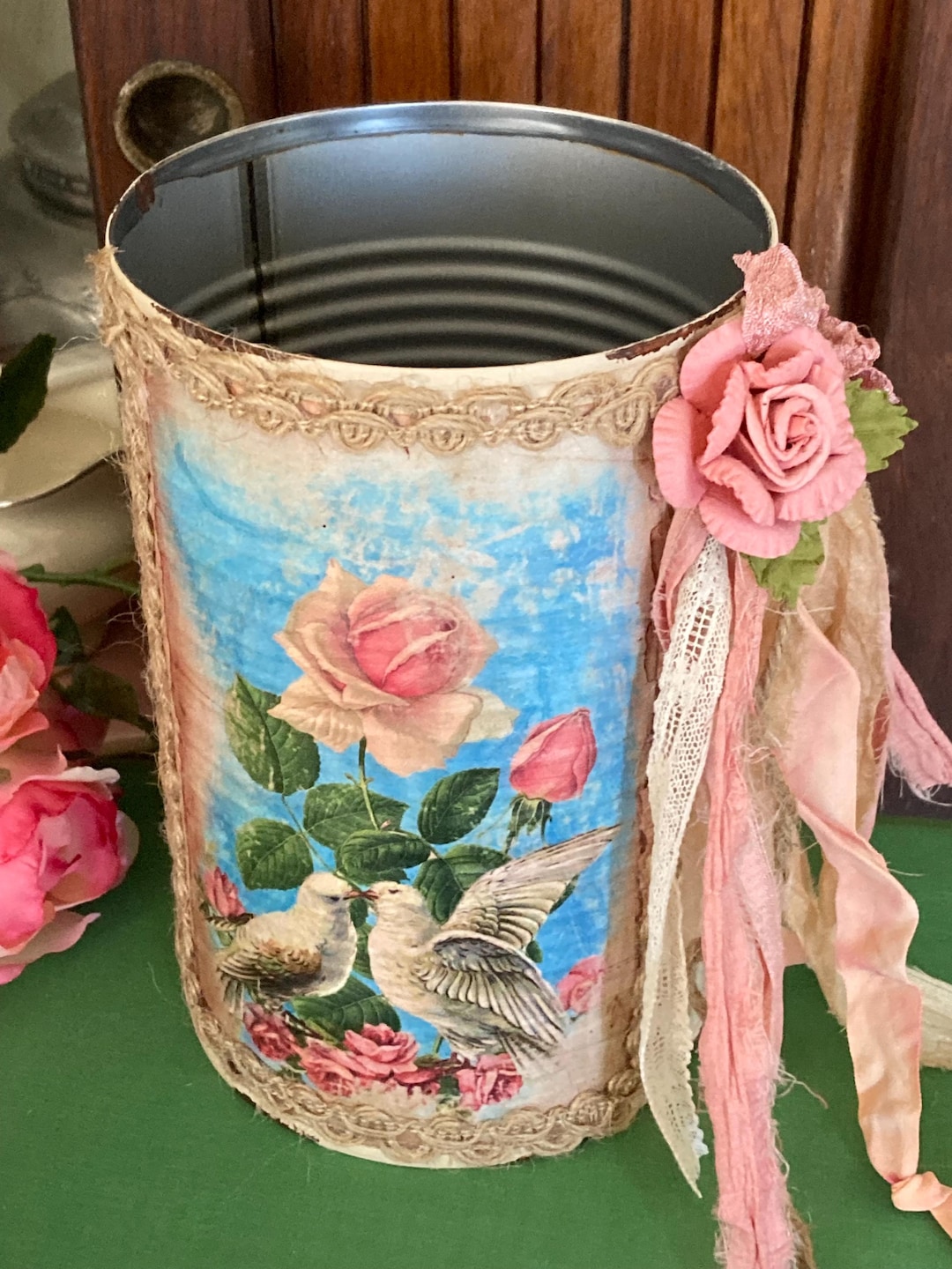 Tin Can With Roses and Birds, Shabby Romantic Decor, Decoupaged Tin Can ...