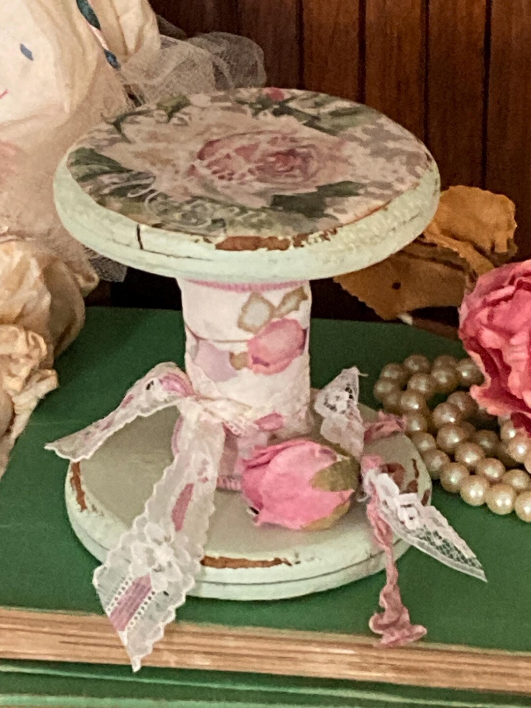 Shabby Romantic Vintage Spool With Lace, Vintage Wood Spool ...