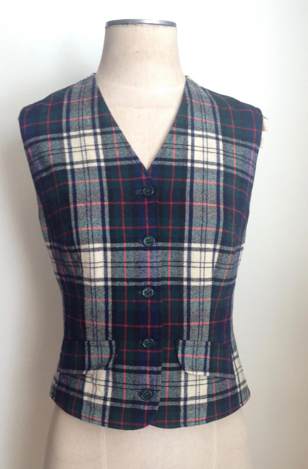 Classic 1970's Pendleton Blue/green/cream/red Plaid Form Fitting Vest ...