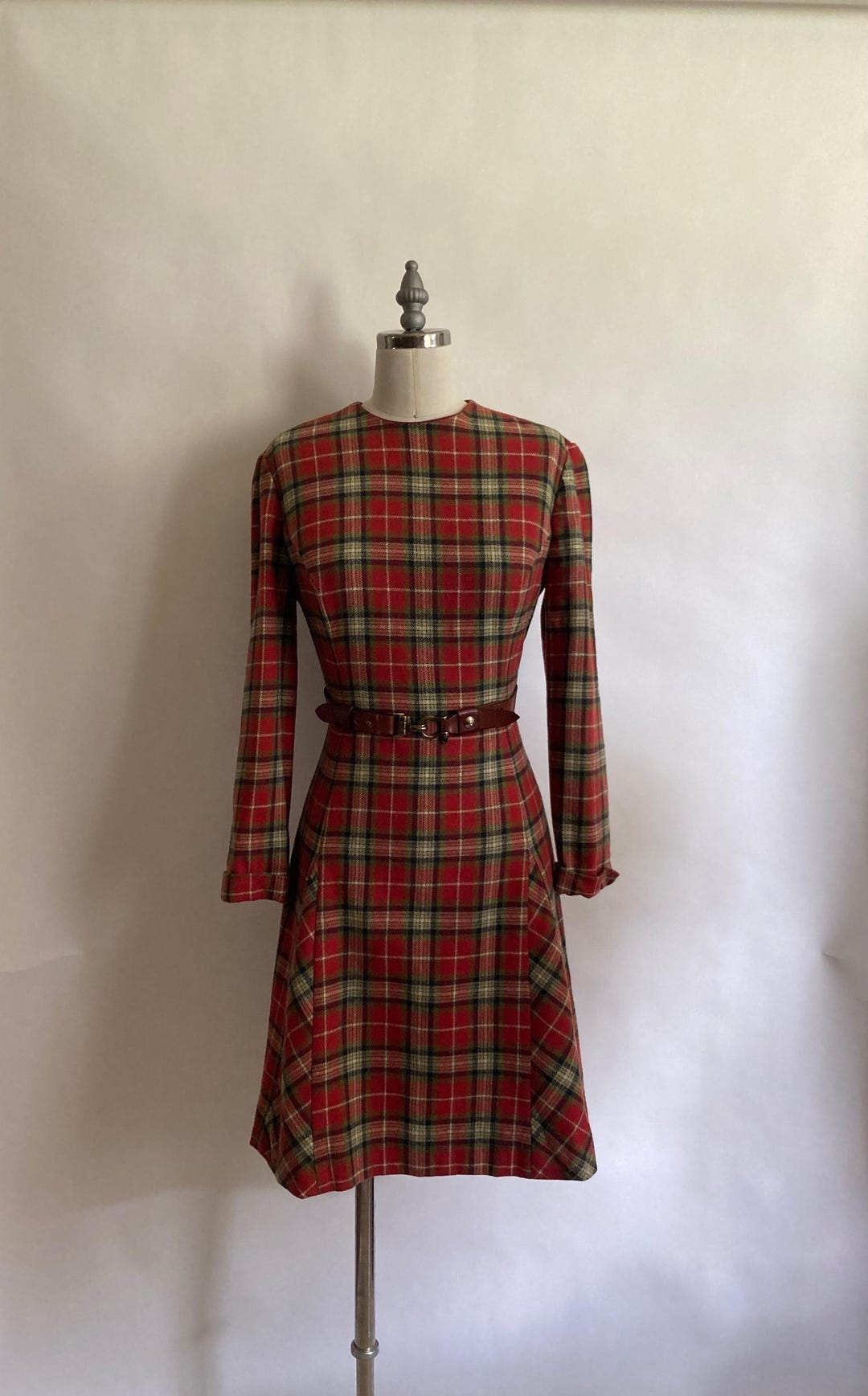 1960's Pendleton Red Wool Plaid Long Sleeve Mod Shift Dress With ...