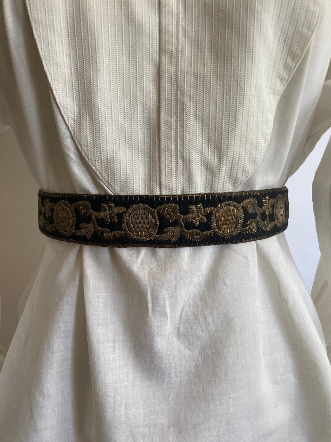 Early 1900s-1920s Embroidered Gold Metallic Thread on Black Wool ...