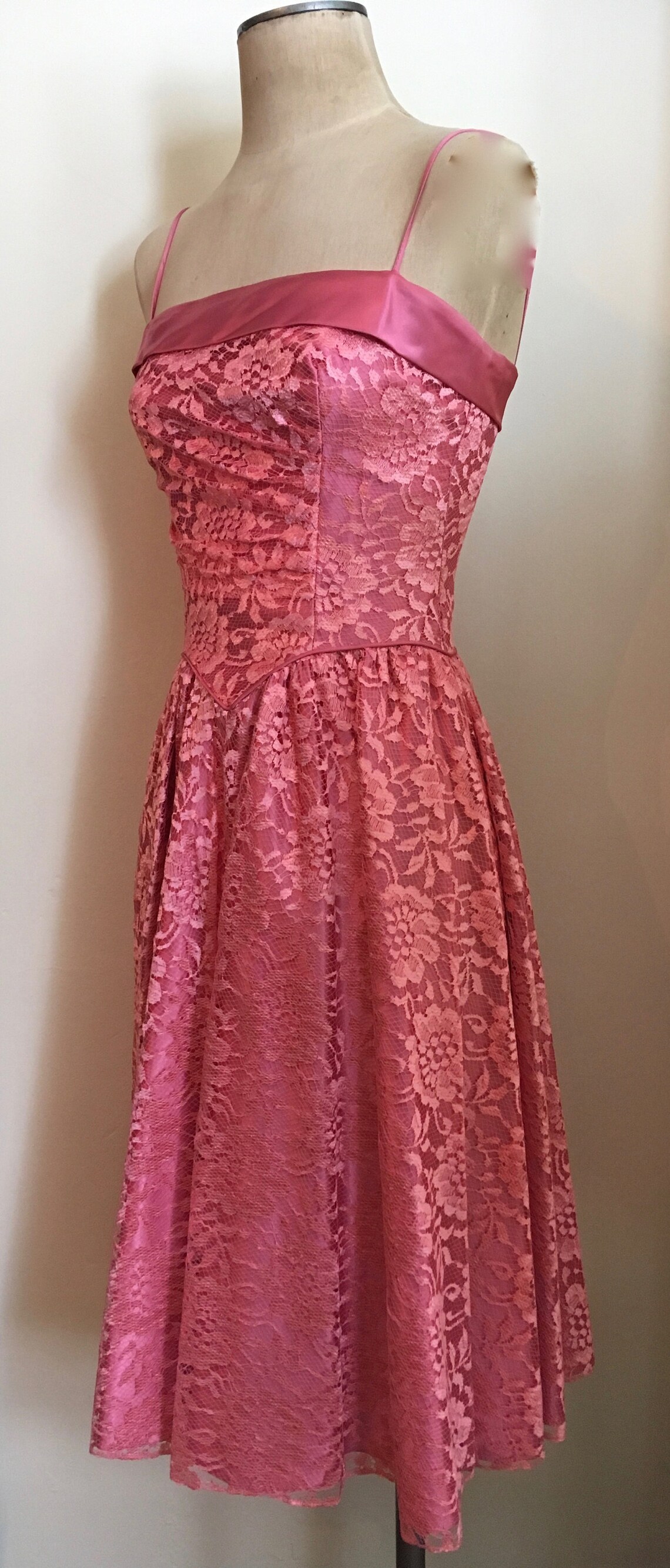 Vintage 1980's Custom Made Pink Satin & Lace Party Dress With Basque ...