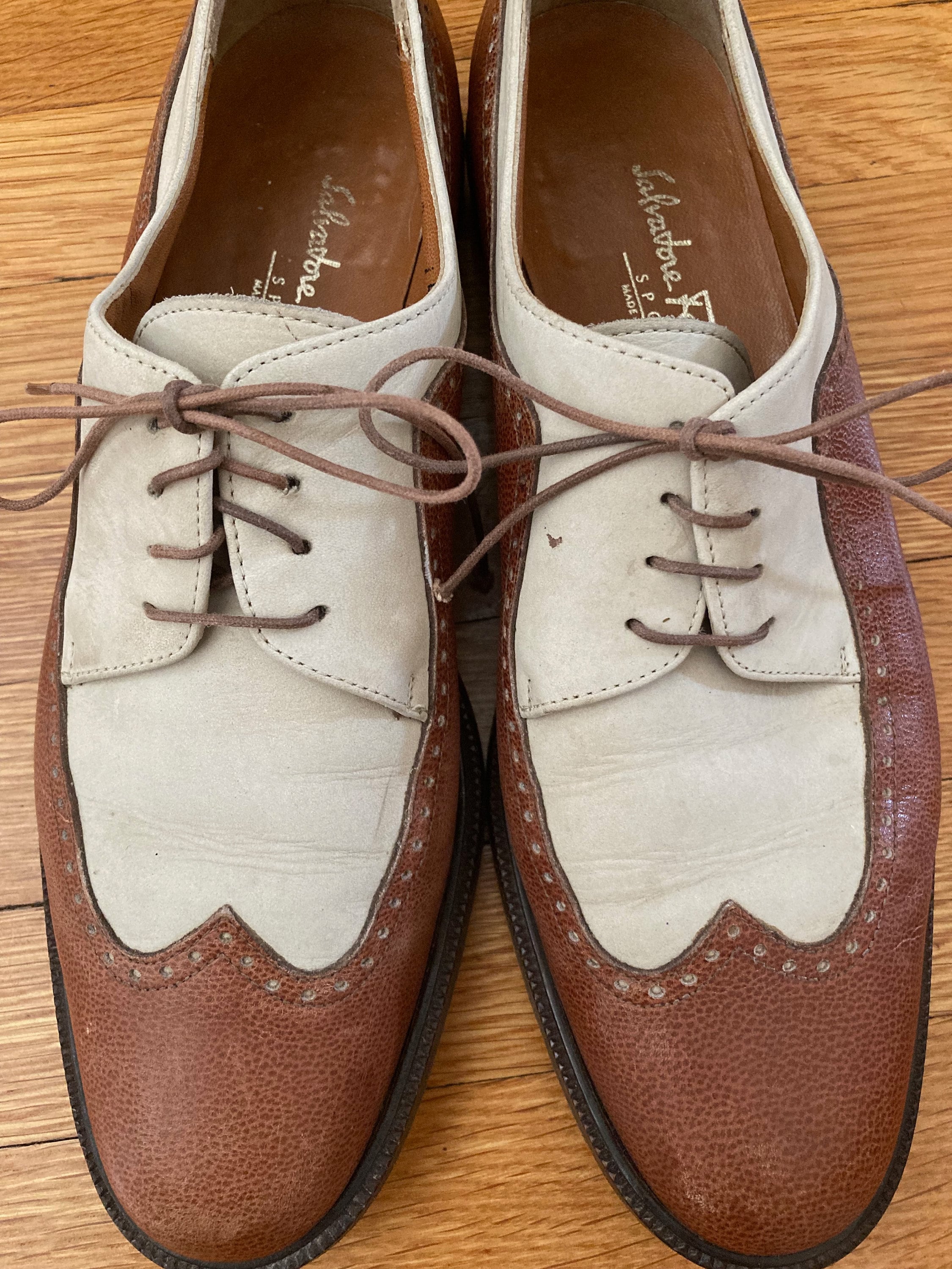 1980s Vintage Salvatore Ferragamo Two Tone Wing Tip Oxford Shoes ...